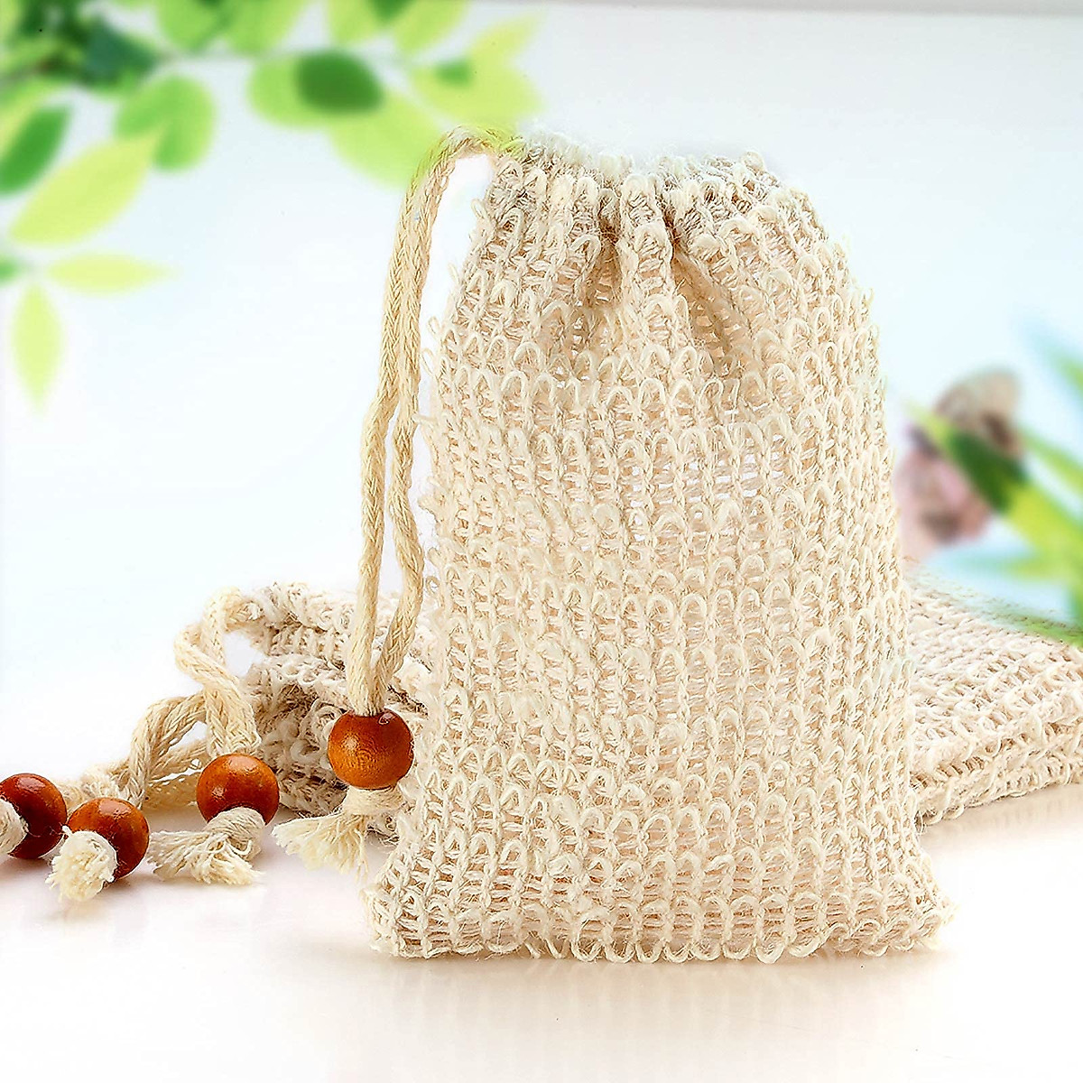 Soap Bag, Natural Sisal Soap Saver Bag Pouch Mesh Net Waste Plastic-Free Exfoliating Foaming and Drying Soap Holder for Shower (4 Pack)