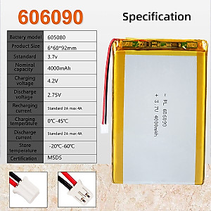 AKZYTUE 3.7V 4000mAh 606090 Lipo battery Rechargeable Lithium Polymer ion Battery Pack with PH2.0mm JST Connector