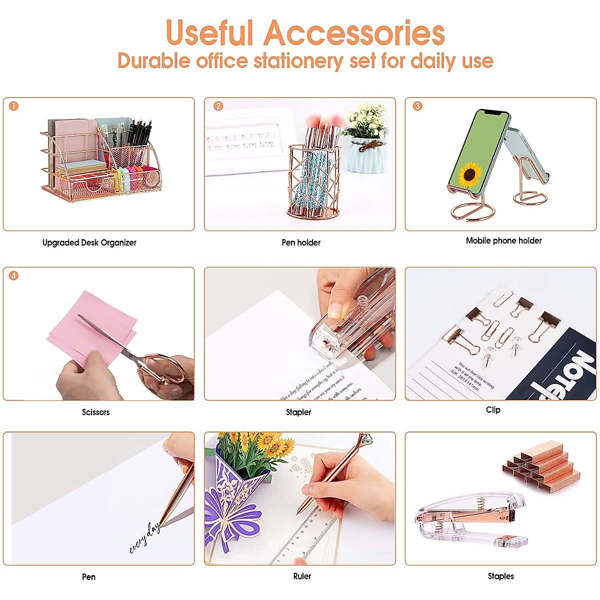 KAAKOW Rose Gold Desk Organizers and Accessories Office Supplies Set Stapler, Pen Holder, Phone Holder, Scissors, Pen, Ruler, 30 Paper Clips, 22 Binder Clip, 20 Tacks and 1000pcs Staples (Rose Gold)