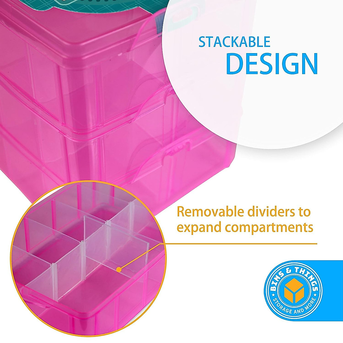 Bins & Things Bead Organizer with Adjustable Compartments - Durable Toy Organizers and Storage Solution for Dolls, Crafts, Mini Toy Figures, Jewelry and Beads - 4 Tier, 20 Compartments, Pink