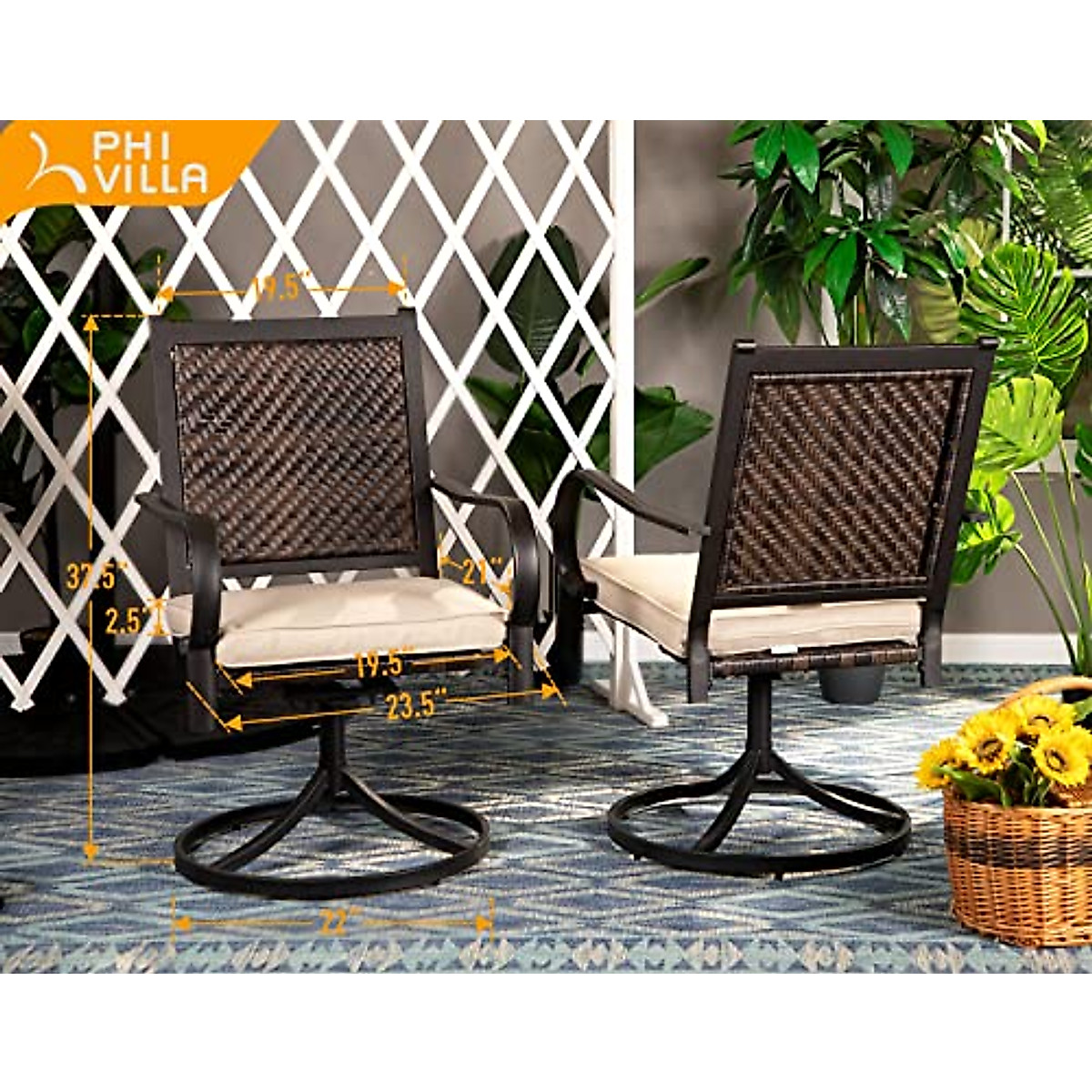 PHI VILLA Outdoor Rattan Dining Chairs Set of 2 Pieces Wicker Swivel Dining Chairs with Cushion for Outside Heavy Duty Wicker Patio Furniture Sets Bistro Chairs for Garden,Backyard,Lawn(2 Pieces)