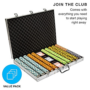 Brybelly 14 Gram 1000 Count Poker Set - Monte Carlo - 14G Clay Composite Chips with Aluminum Case, Playing Cards, Dealer Button for Poker, Texas Hold'em, Blackjack, Casino Games at Home