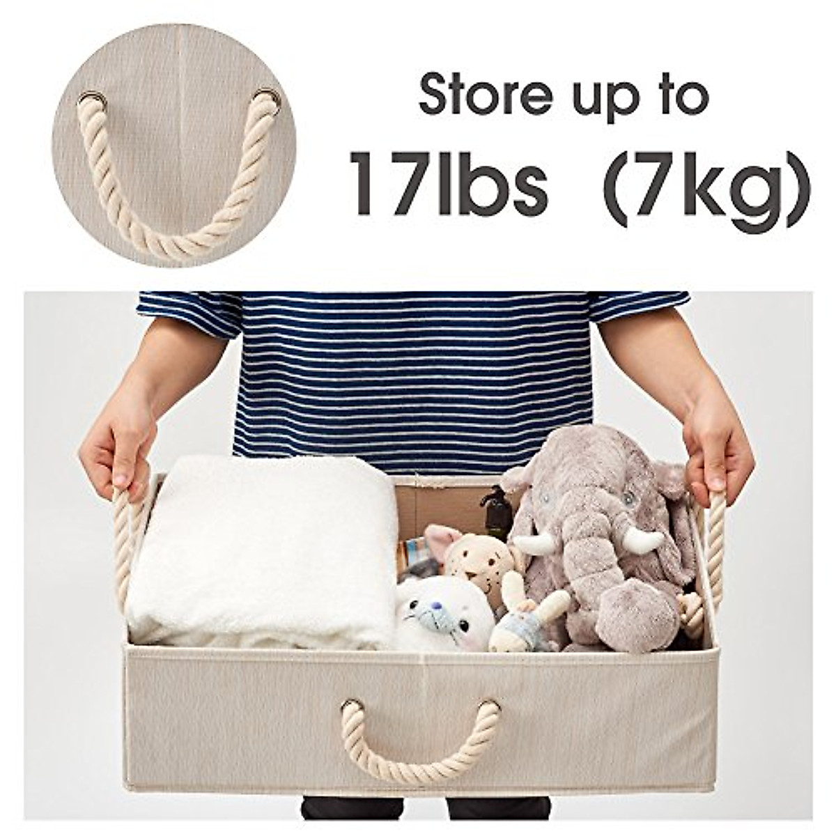 EZOWare Set of 6 Large Storage Bins Foldable Fabric Organizer Boxes with Cotton Rope Handle, Collapsible Basket for Closet, Baby Toys, Diaper - Beige