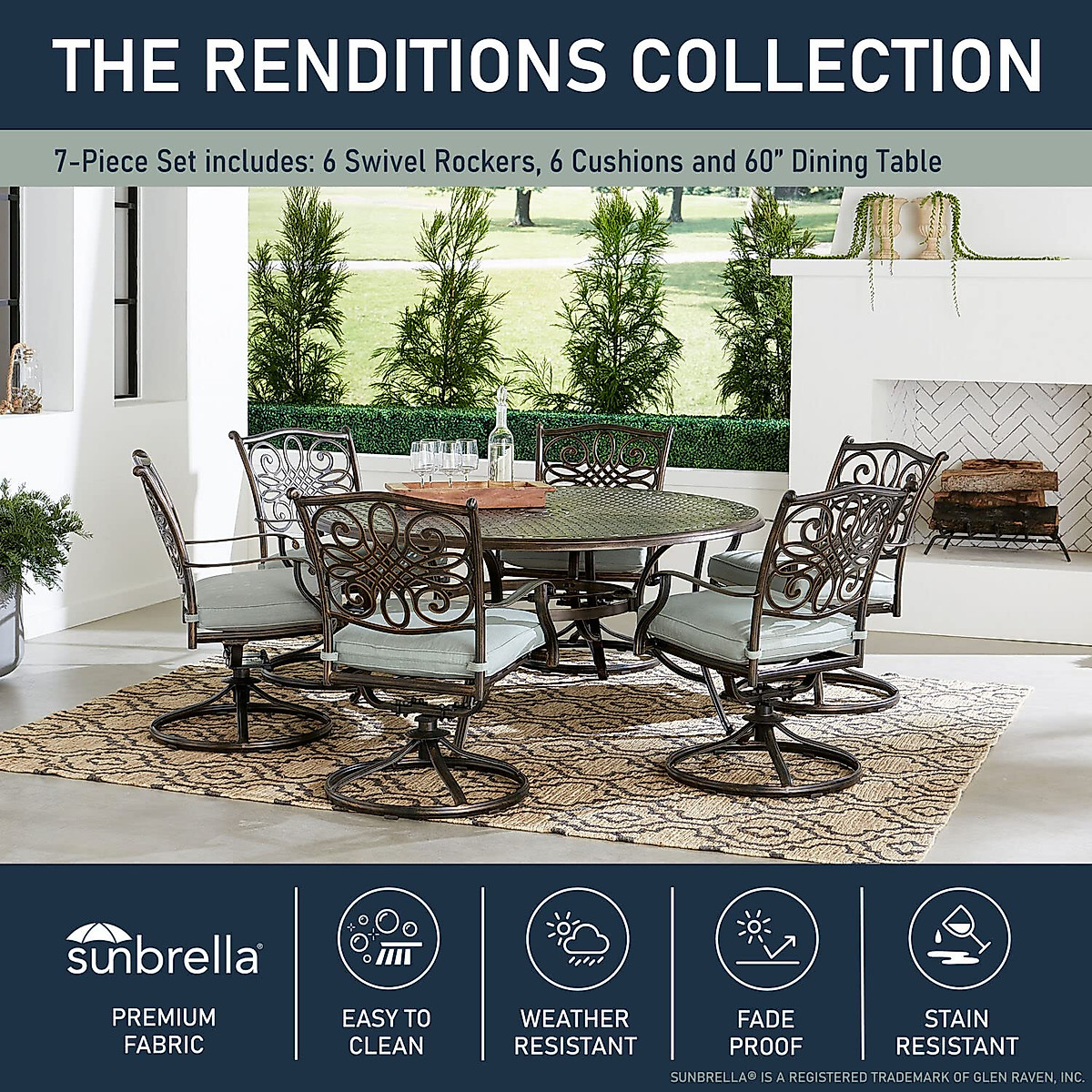Hanover Renditions 7 Piece Outdoor Dining Set with Sunbrella® Fabric and Elegant 60" Round Patio Table with 6 Comfortable Swivel Chairs and Rust, UV, and Weather-Resistant Aluminum Frames in Mist