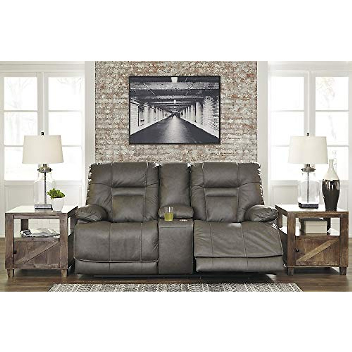 Signature Design by Ashley Wurstrow Leather Adjustable Dual Sided Power Reclining Loveseat with Console & USB Charging, Dark Gray