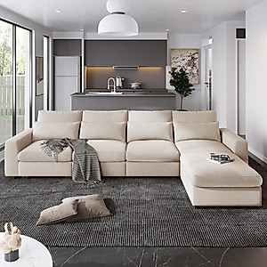 kevinplus 130'' Sectional Sofa Couch with Chaise Ottoman for Living Room, Modern 4-Seat L-Shape Sofa Couch with Convertible Ottoman, Feather Filled Reversible Sofa Couch with Waist Pillows, Beige