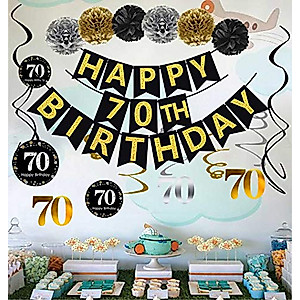Famoby Black & Gold Glittery Happy 70th Birthday Banner,Poms,Sparkling 70 Hanging Swirls Kit for 70th Birthday Party 70th Anniversary Decorations Supplies