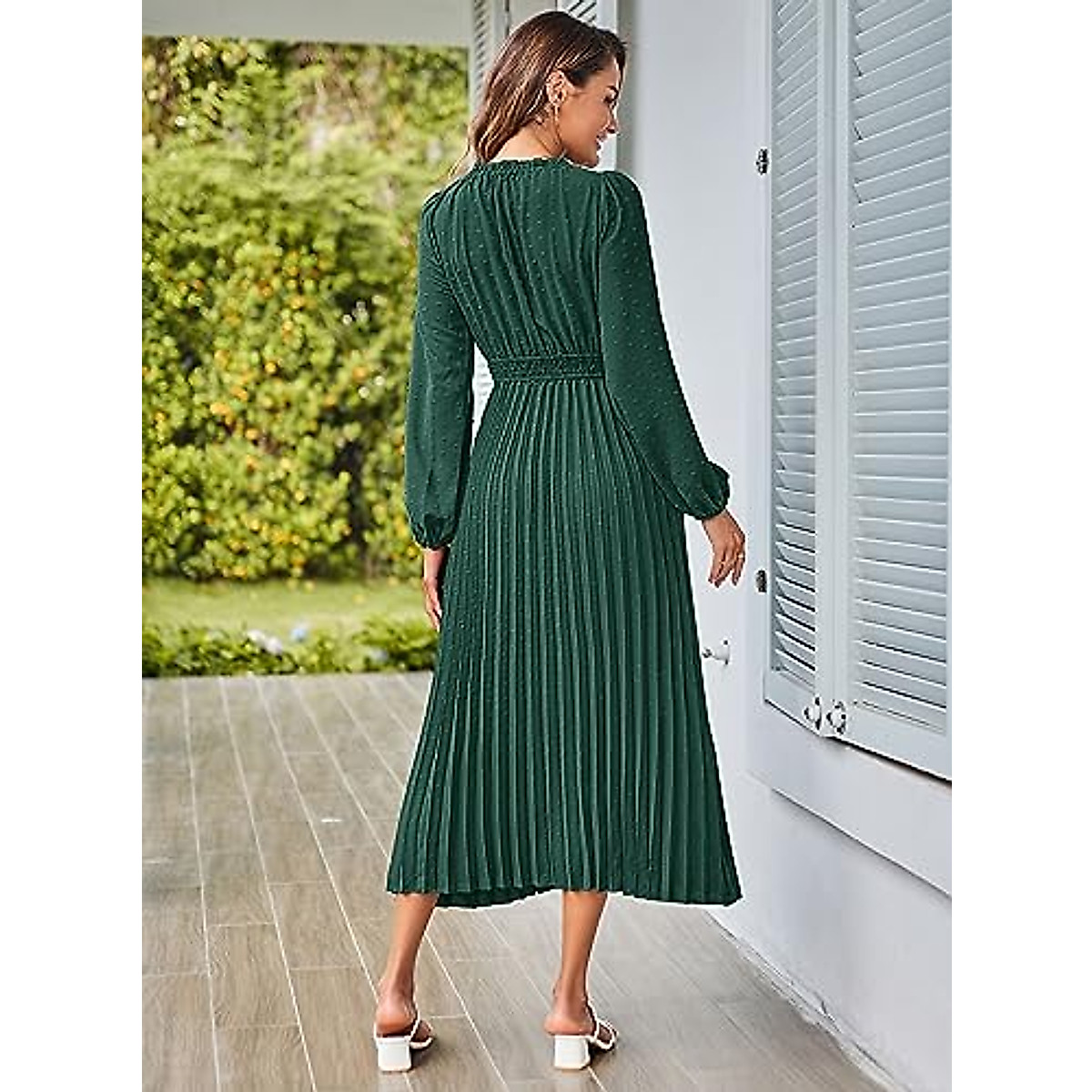 MEROKEETY Womens Elegant Long Lantern Sleeve V Neck Swiss Dot Ruffle Flowy Wedding Guest Dress,DarkGreen,M