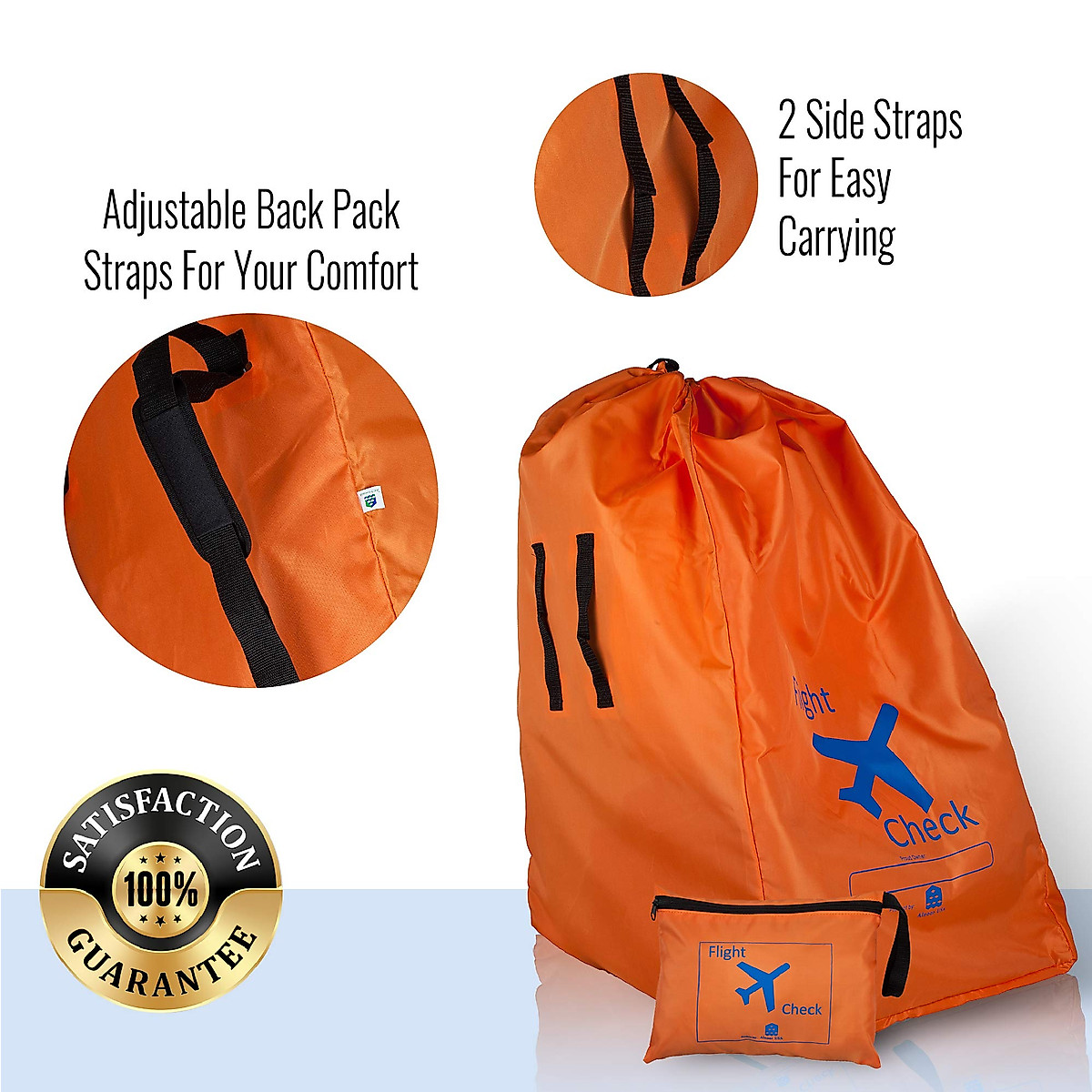 Car Seat Travel Bag and Carrier for Gate Check with Travel Pouch - Bright Orange with Blue Letters for Airport, Airplane Gate Check, Car Trips and Storage Double Backpack Straps | Carseat Bag for sto