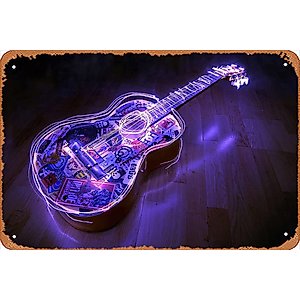 Cloxks - Black and blue dreadnought acoustic guitar, neon, musical instrument Vintage Poster 8x12 Inches Retro Vintage Metal Tin Sign for Home Bar Pub Garage Decor Gifts