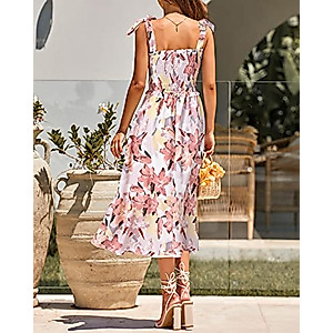PRETTYGARDEN Women Summer Dresses 2023 Tie Strap Square Neck Smocked Ruffle Flowy Floral Print Boho Maxi Cocktail Dress(Floral Pink,X-Large)