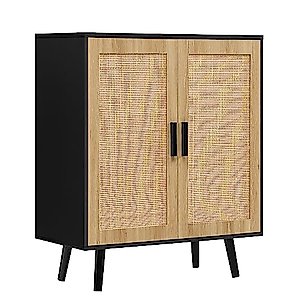 Iwell Boho Sideboard Buffet Cabinet, Kitchen Storage Cabinet with Natural Rattan Door & 2 Adjustable Shelves, Rattan Cabinet, Accent Cabinet for Living Room, Kitchen, Entryway, Black