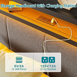 FOUBAM Twin Size Bed Frame with LED Lights and Charging Station, Bed with Storage Headboard,Heavy Duty Metal Slats Support,Mattress Foundation Easy Assembly(Black)