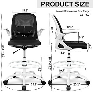 Primy Drafting Chair Tall Office Chair with Flip-up Armrests Executive Ergonomic Computer Standing Desk Chair with Lumbar Support and Adjustable Footrest Ring(White)