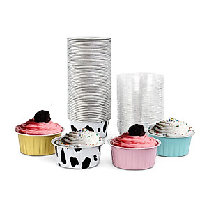 Spec101 Aluminum Foil Mini Cake Pans with Lids - 100pk 4 Color Disposable Ramekins 5oz Muffin Tins Cupcake Liners