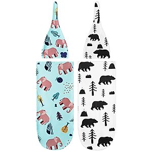 2pack Newborn Swaddle Blanket with Beanie Hat Set, Baby Stretchy Cotton Swaddle Sack 0-3 Months Infant Soft Sleep Sack Wrap Neutral Receiving Blanket for Baby Boy Girl (Bear & Elephant)