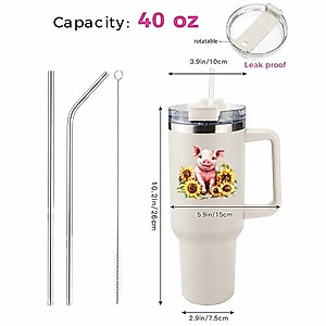 LB LEOBON 40 ounce insulated cup with handle, double-layer vacuum stainless steel material, equipped with straw, can keep warm or maintain cold drinks Pink Pig Sunflower white