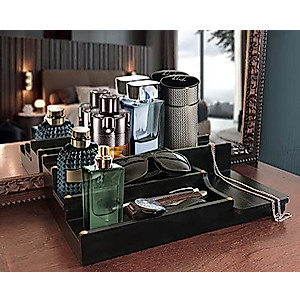 ALCEDIA Cologne Organizer for Men - 4 Tiered Solid Wood Cologne Stand Display Shelf with Hidden Compartment. Vanity Organizer, Perfume Organizer, Spices Organizer and Funko Pop Shelves. (Rustic Black)