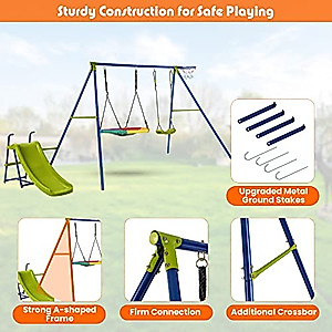 Costzon Swing Sets for Backyard, 4-in-1 Heavy Duty Large Metal Swing Frame w/2 Adjustable Swings, Slide, Basketball Hoop, Play Equipment for Indoor Outdoor Gift Kids 3-12 Years Old