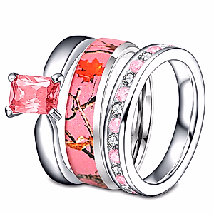 3 pieces Pink Women`s Stanless Steel Camo and Sterling Silver Tourmaline Engagement Wedding Rings Set (8)