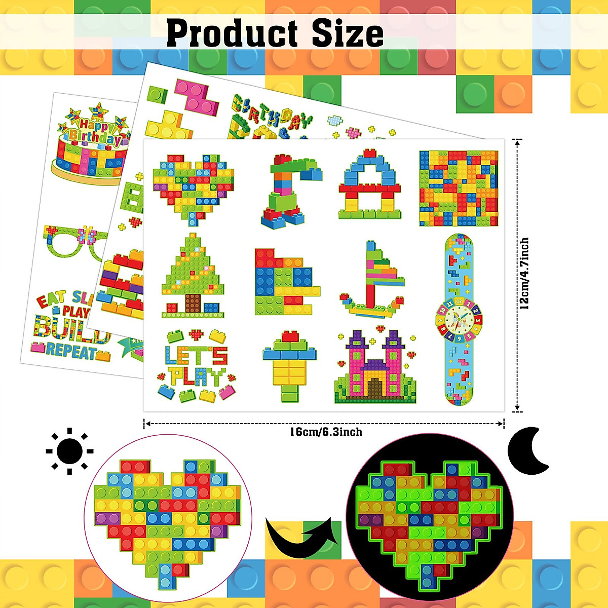 Qpout 95 PCS Glow In The Dark Building Block Temporary Tattoos for Kids 8 Sheets Building Bricks Luminous Tattoos Stickers for Boys Girls Building Block Birthday Party Favors Supplies