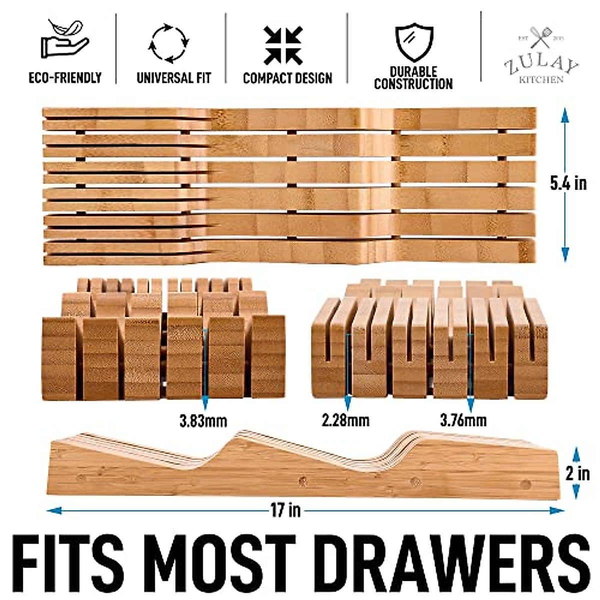 Zulay Kitchen Bamboo Knife Drawer Organizer Insert - Edge-Protecting Knife Organizer Block Holds Up To 11 Knives - Smooth Finish Drawer Knife Organizer Tray Fits In Most Drawers For Kitchen