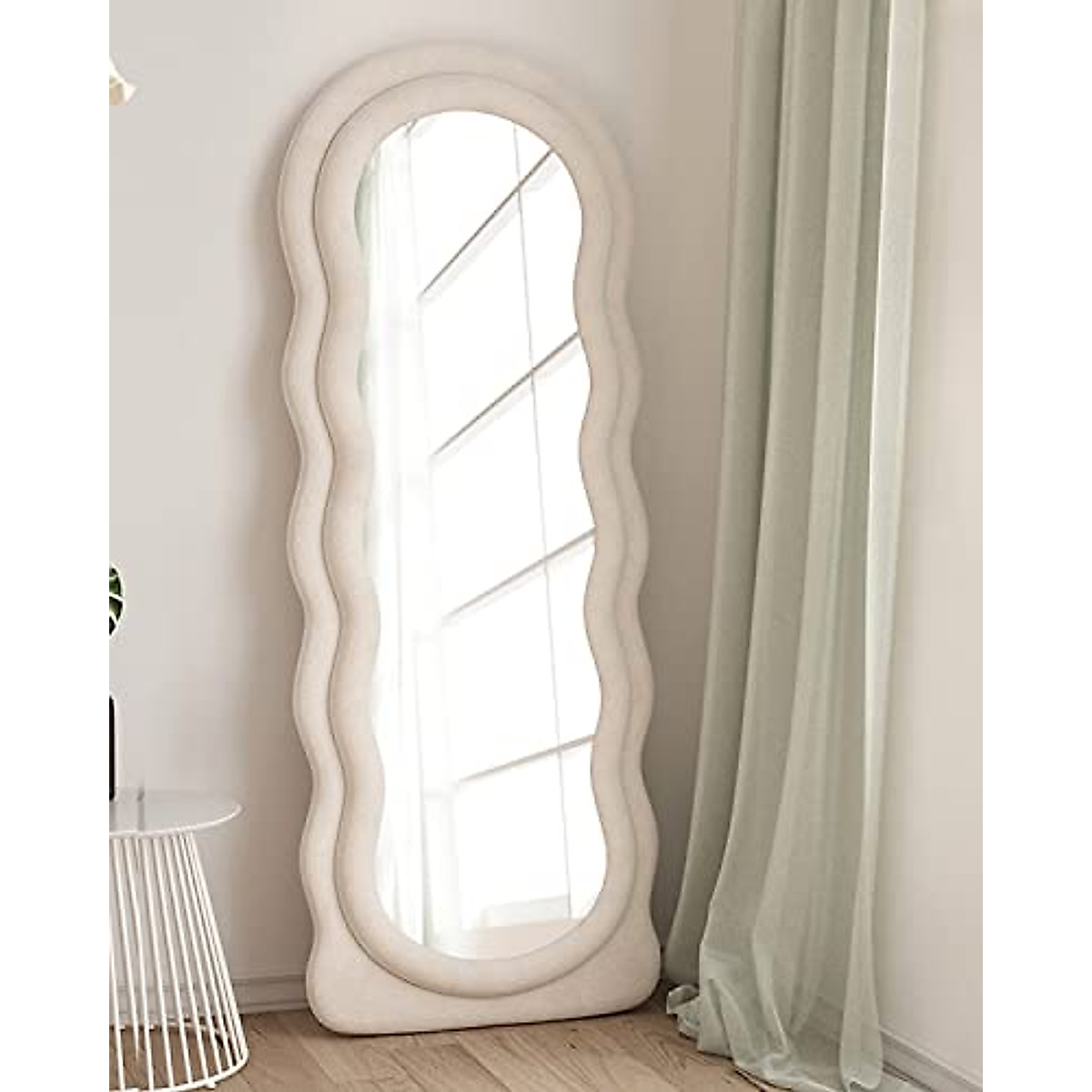 ITSRG Wavy Wall Mounted Mirror with Flannel Wrapped Wooden Frame and Stand - Full Length (White)