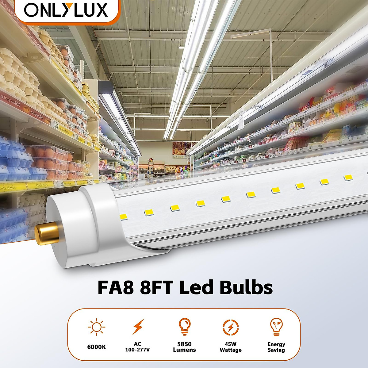 ONLYLUX 8 Foot Led Lights, T8 96" 45Watt FA8 Single Pin LED Shop Lights 5850LM, Ballast Bypass, 6000k, F96 8ft Led Bulbs Fluorescent Replacement,Workshop, Warehouse, Clear Cover(12 Pack)