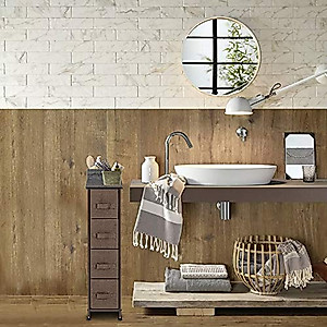 Kcelarec Narrow Dresser Tower with 4 Drawers,Vertical Storage for Bedroom, Bathroom, Laundry, Closets, and More, Steel Frame, Wood Top, Easy Pull Fabric Bins (Brown)