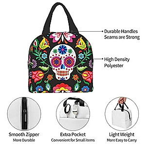 Sugar Cute Skull Insulated Lunch Bag Tote Bag with Front Pockets Lunch Box Leakproof Lunch Container for Men & Women to Office Work School Picnic