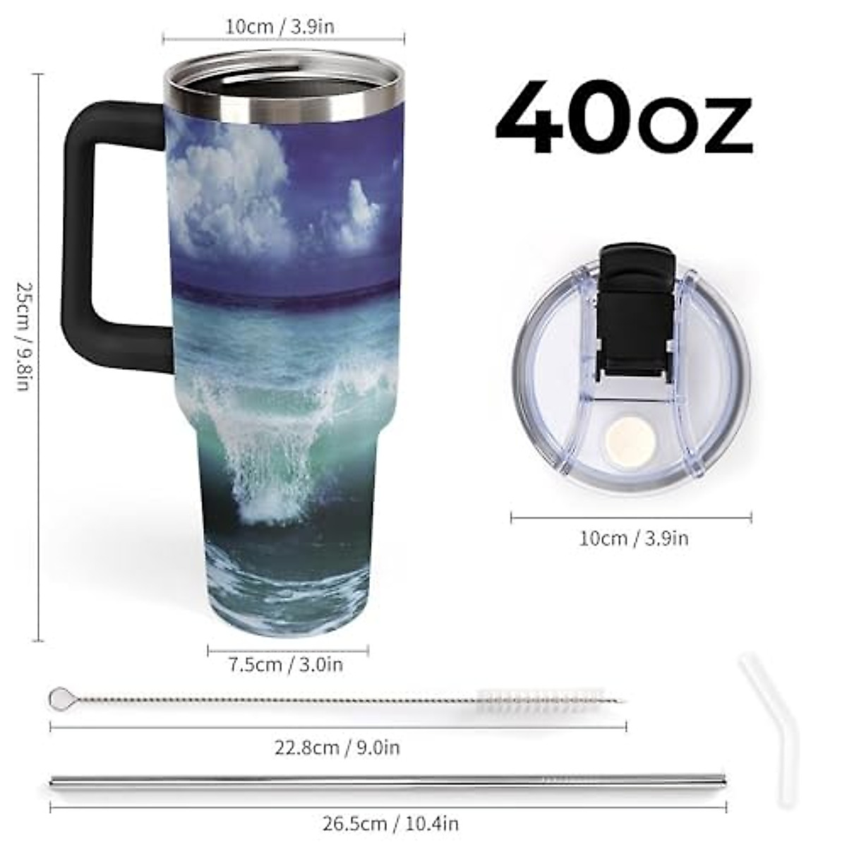 Ocean Wave 40oz Water Bottle Double Wall Insulated Tumbler with Handle Leakproof Travel Mug Black-style