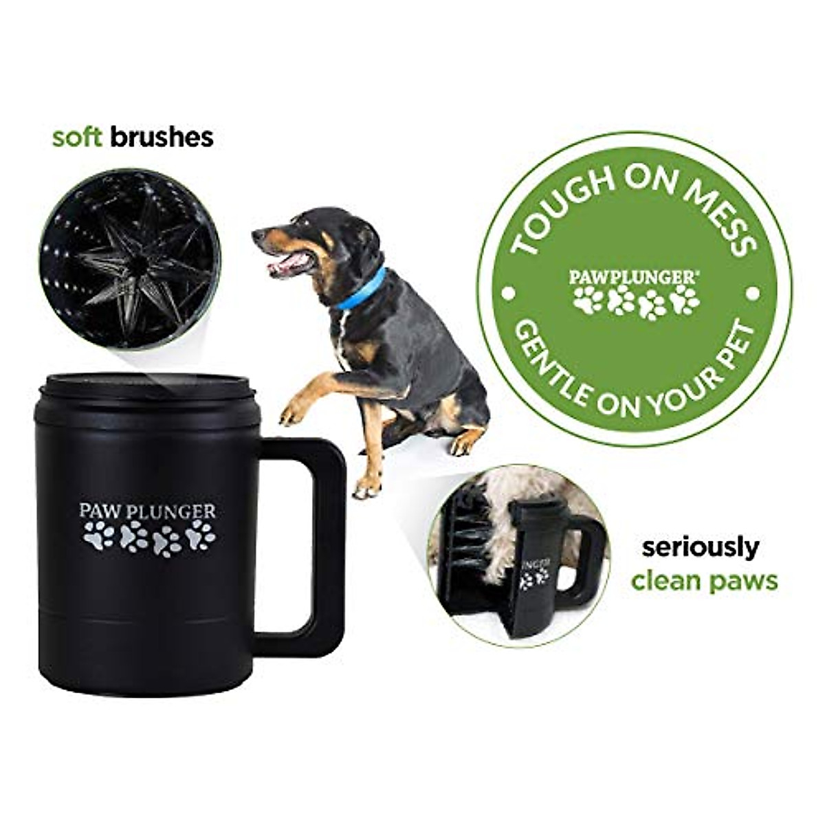 Paw Plunger - The Muddy Paw Cleaner for Dogs - Saves Carpet, Furniture, Bedding, Cars from Dirty Paw Prints - Use This Dog Paw Washer After Walks - Soft Bristles and Handle - Large, Black