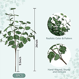 BLEUM CADE 3Pcs 24" Tall Artificial Eucalyptus Stems with Leaves, Faux Eucalyptus Greenery Stems, Fake Silver Dollar Eucalyptus Plant for Vase Flower Arrangement Wedding Bouquets Room Decor