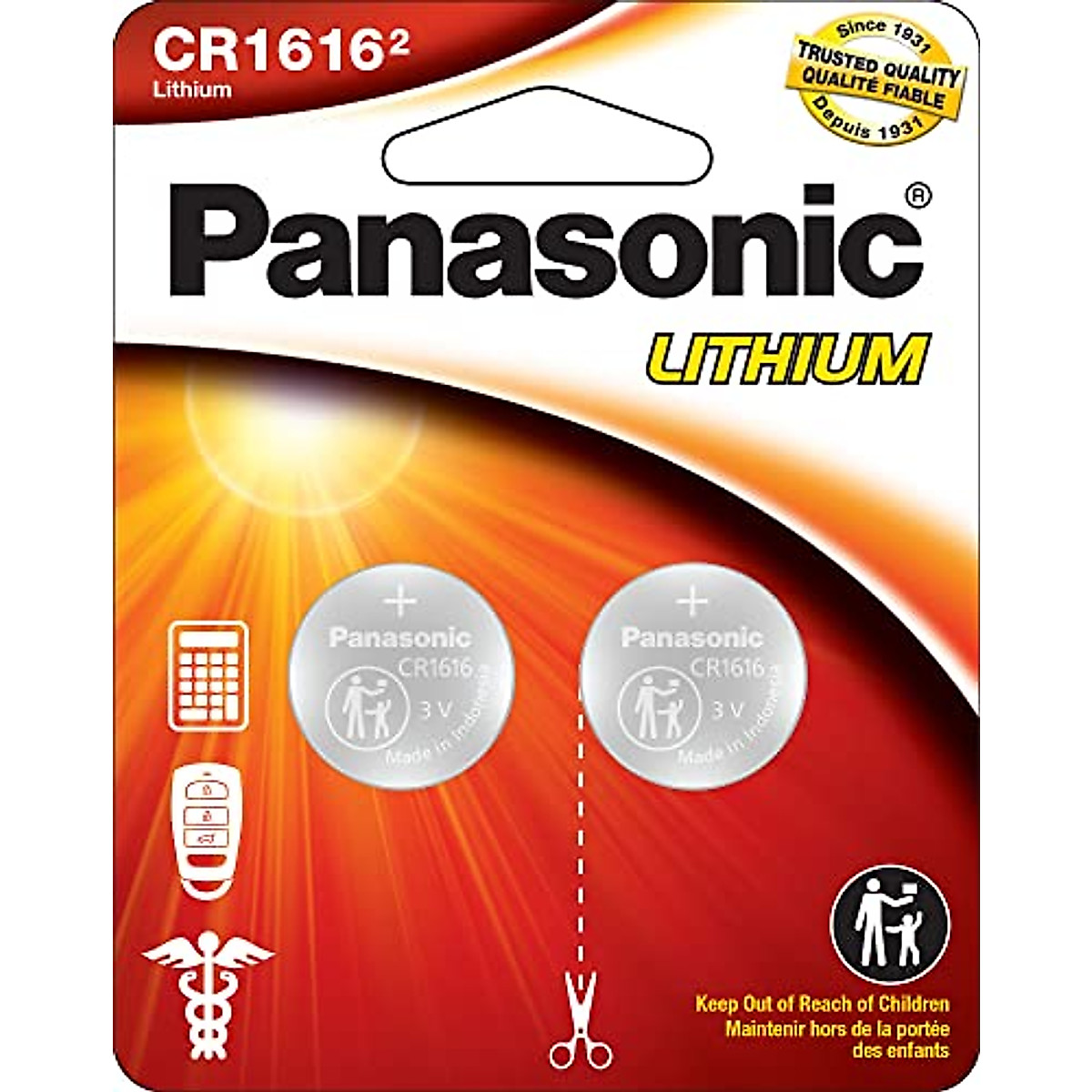 Panasonic CR1616 3.0 Volt Long Lasting Lithium Coin Cell Batteries in Child Resistant, Standards Based Packaging, 2-Battery Pack