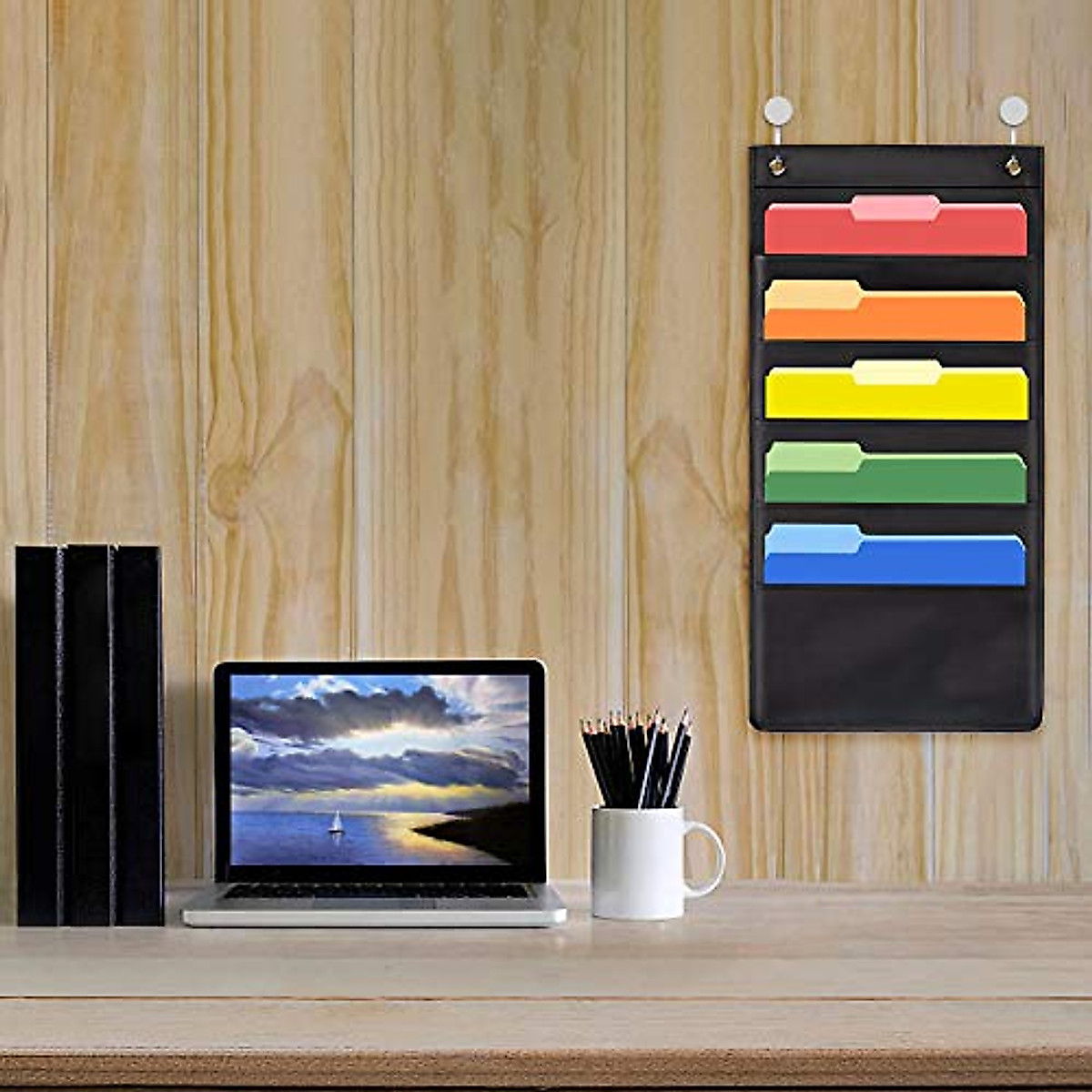 JiatuA Storage Pocket Chart, 5 Pockets Hanging Wall File Organizer with 4 Hooks, Hanging Pocket Chart - Hanging Storage Organizer for School, Home or Office Wall Pocket Chart, Black, 2 Pack