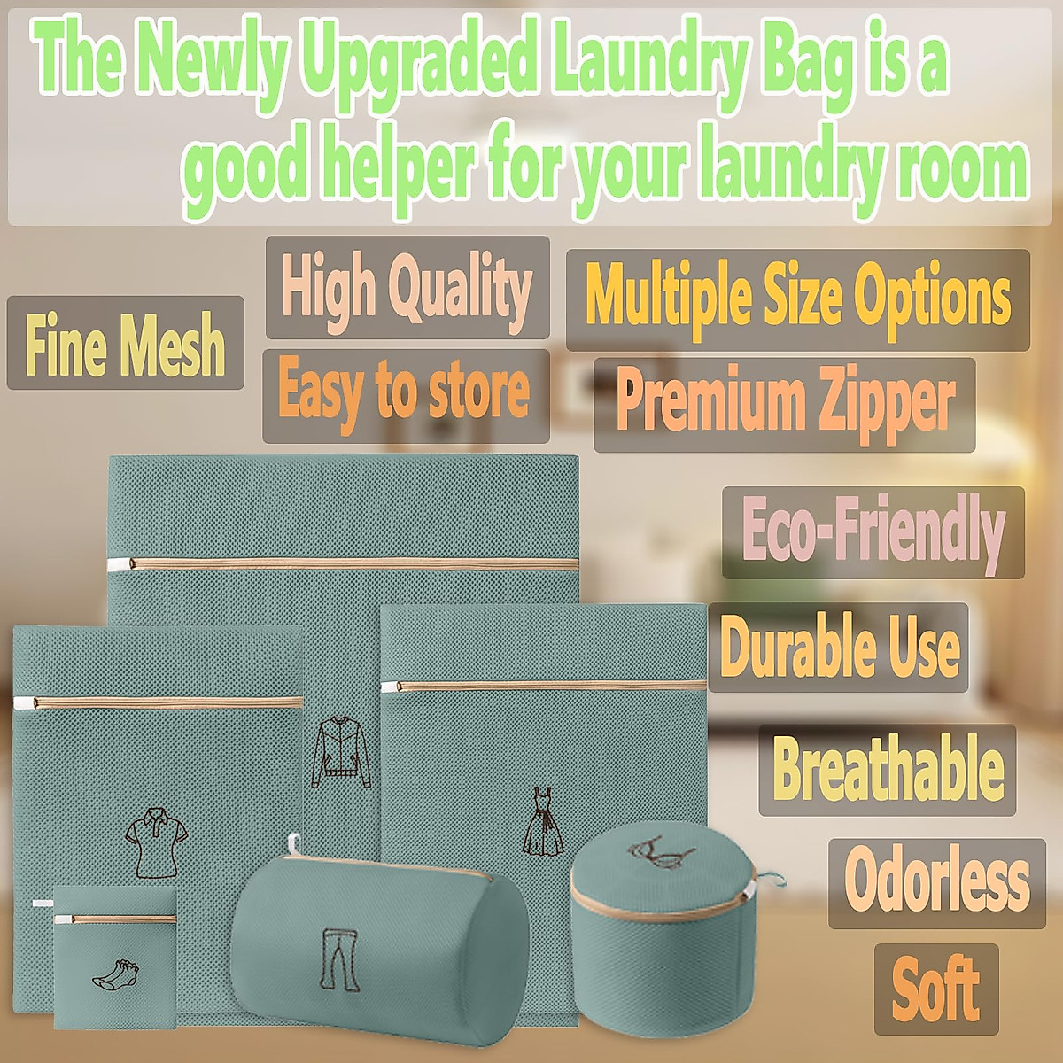 Mesh Laundry Bags, Reusable Clothing Washing Bags,Upgrade durable double layer thickened, Wash Bags for Washing Machine for Tops,Skirts, Trousers, Socks, Underwear, Bra (Green)