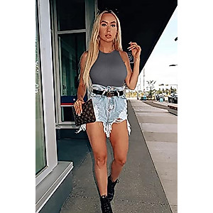 OQQ Women's 3 Piece Sexy Ribbed One Sleeveless Halter Neck BodySuit, Black Darkgrey Beige, Large