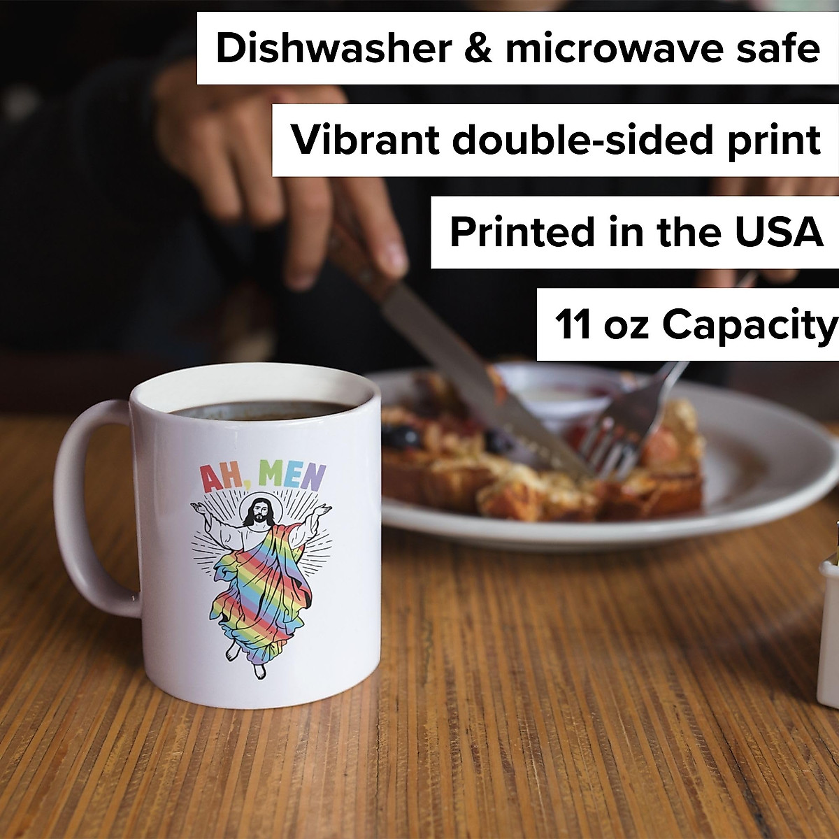 LookHUMAN Rainbow Jesus Coffee Mug - Funny Coffee Mugs Adult Humor, Double-Sided Print Ceramic Coffee Cups as Pride Mug, Dishwasher Safe Novelty Coffee Mugs for Women & Men, 11oz