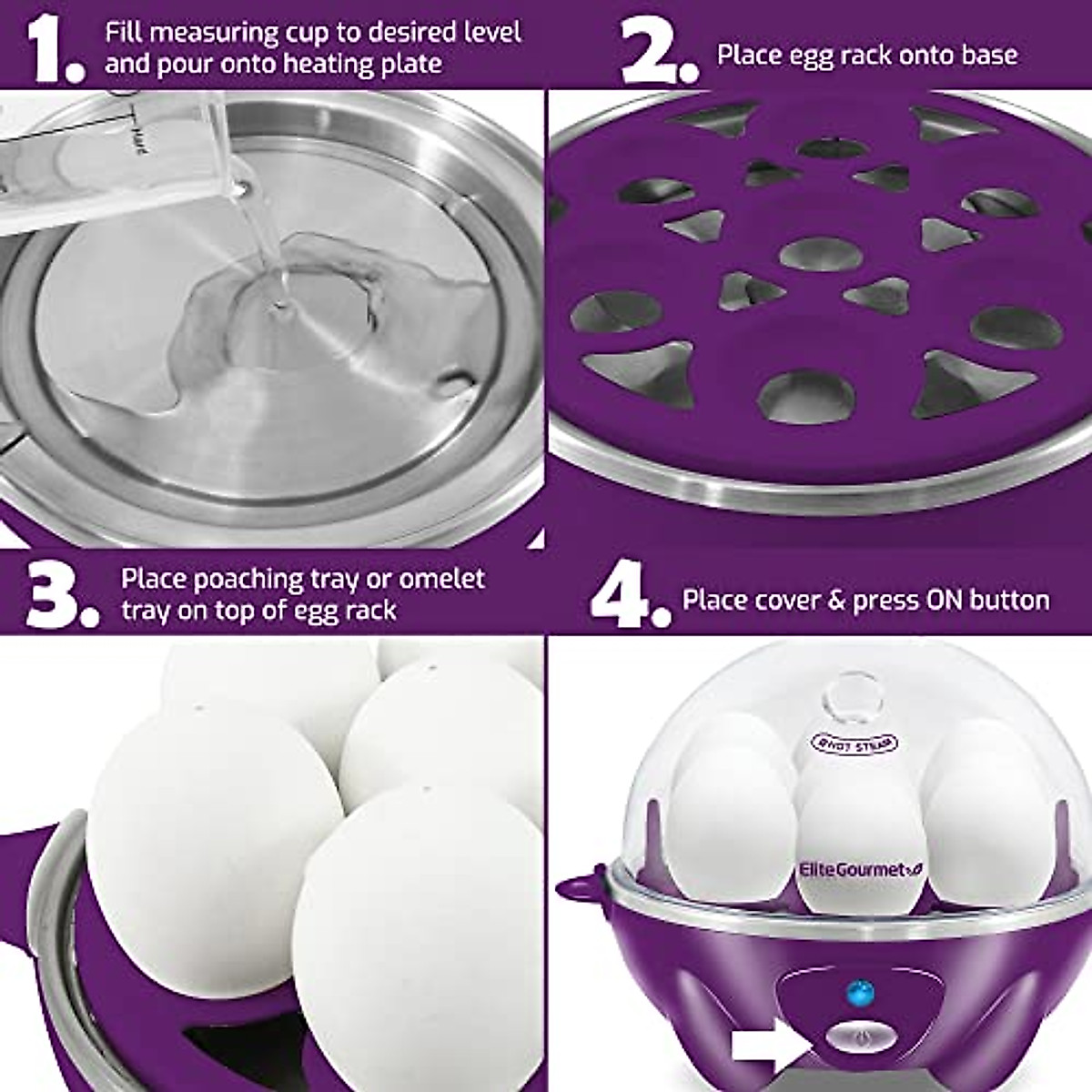 Elite Gourmet Easy Electric 7 Egg Capacity Cooker, Poacher, Omelet Maker, Scrambled, Soft, Medium, Hard Boiled with Auto Shut-Off and Buzzer, BPA Free