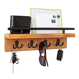 Ripple Creek Key Holder for Wall and Mail Shelf, Decorative Wooden Wall Rack for Keys, Letters, Bills - Pine Wood Unique and Industrial Decor, Perfect for Entryway, Kitchen (Light Brown, Double Hook)