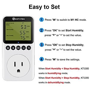 KETOTEK Digital Humidity Controller Outlet Plug with Sensor Probe, 120V Humidistat Controller Plug Reptile Mushroom Greenhouse, Humidity Switch Outlet