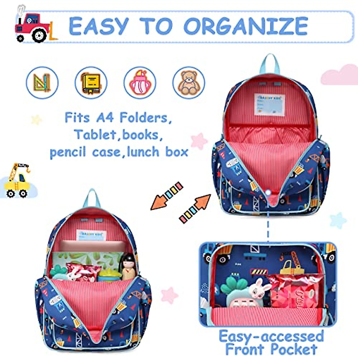 VASCHY Toddler Kids backpacks, Cute Lightweight Water Resistant Preschool Kindergarten Daypack SchoolBag Boolbag for Boys Construction Cars