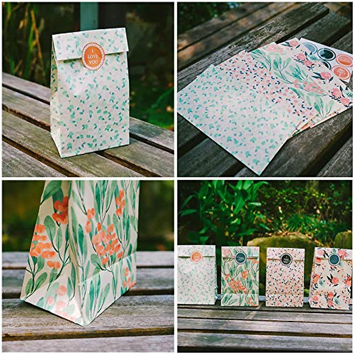 Elwish Floral Paper Gift Bags, 12pcs Party Favor Bags Vintage CandyTreat Bags with Thank You Stickers