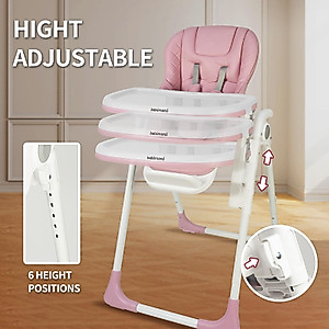 babimoni Baby High Chair, High Chairs for Babies and Toddlers, Adjustable, Foldable and Portable High Chair, Removable PU Leather and Tray for Easy Clean, Travel Feeding Chair, Pink