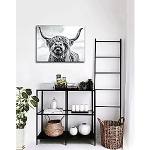 Highland Cow Canvas Print Black and White Highland Cow Wall Art Farmhouse Wall Decor Longhorn Highland Cattle Picture Stretched and Framed Ready to Hang for Living Room Bathroom Decor 12x16inch for fengyuyi