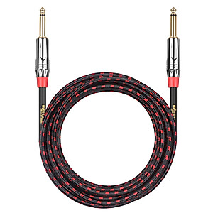 Clef Audio Labs Instrument Guitar Cable, 15ft - 1/4 inch TS Straight to Straight Electric bass Guitar AMP Cord, 22AWG, Chrome Zinc Alloy Shell, Red Braided Jacket