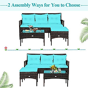 Acquire 3 PCS Patio Rattan Furniture Set 3-Seat Sofa Cushioned Table Turqouise Suitable for Poolside, Backyard and Garden, Etc