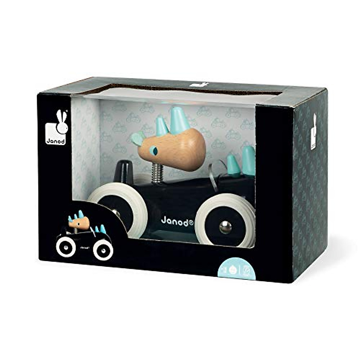 Janod Spirit Wood Car Push Toy - Rony Rhino - Ages 18 Months+ - J04492