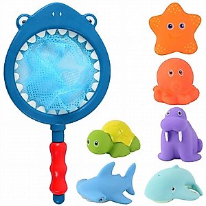 Bath Toy , Fishing Floating Animals Squirts Toys Games Playing Set with Fishing net , Fish Net Game in Bathtub Bathroom Pool for Babies Toddlers and Kids (Dark Blue)