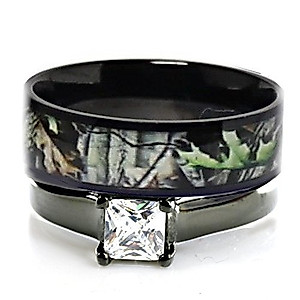 Women`s Black Titanium Camo and Stainless Steel Princess Engagement Wedding Rings Set (Size Women 7)